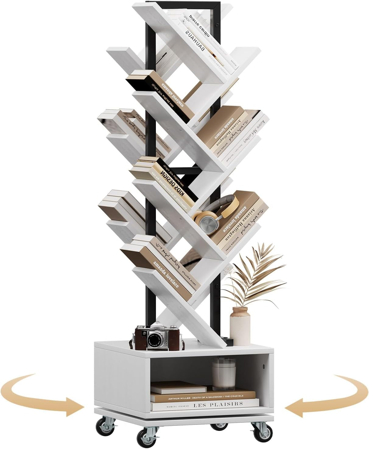 14 Tire Rotating Bookshelf, Spinning 360° Tree Book Shelf with Brake ...