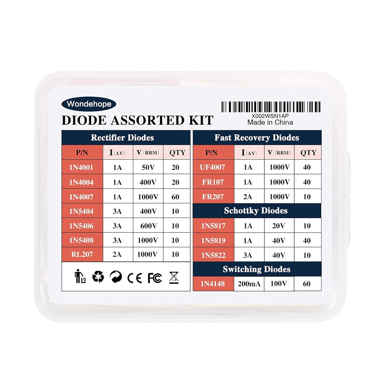 14 Value 350 Pcs Diode Kit, Rectifier/Fast Recovery/Switching/Schottky ...