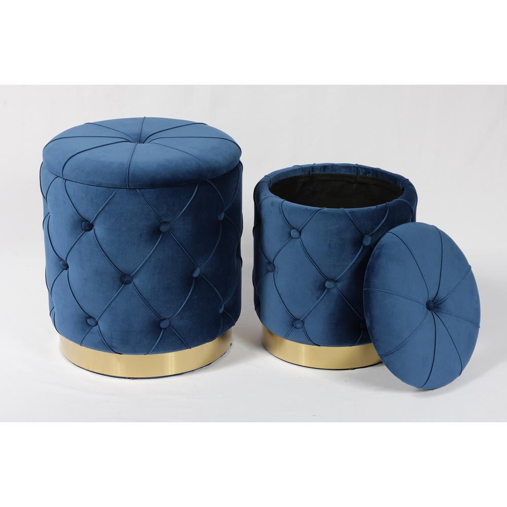 14" Velvet Round Storage Ottoman (Set of 2): Navy Blue - Walmart.com