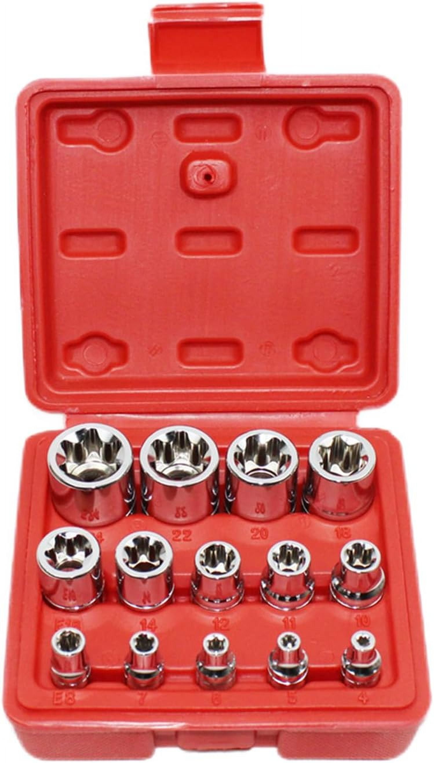 14 count E- Socket Set with Case, 1/4, 3/8, 1/2 in. Drive Female External Socket Set E4-E24 ...