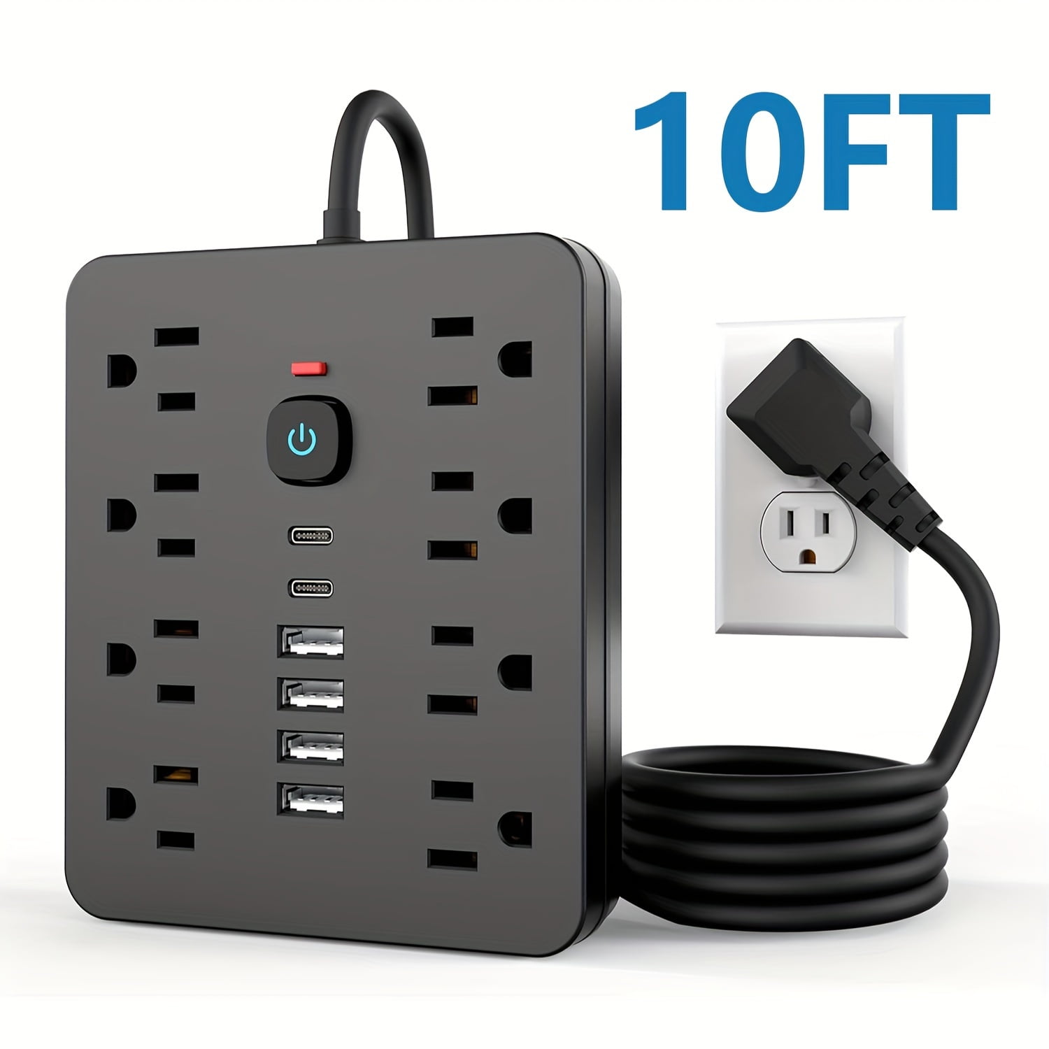 14-in-1 Black Outlet, 8 Receptacles+4USB+2USB-C, 5/10ft Extension Cord ...