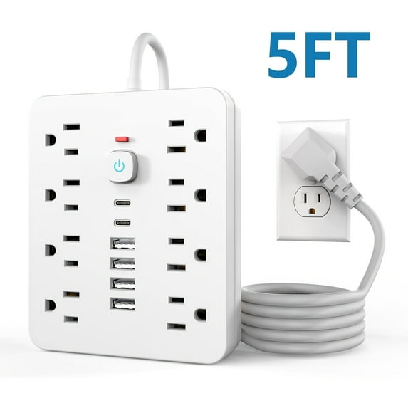 14-in-1 Black Outlet, 8 Receptacles+4USB+2USB-C, 5/10ft Extension Cord ...