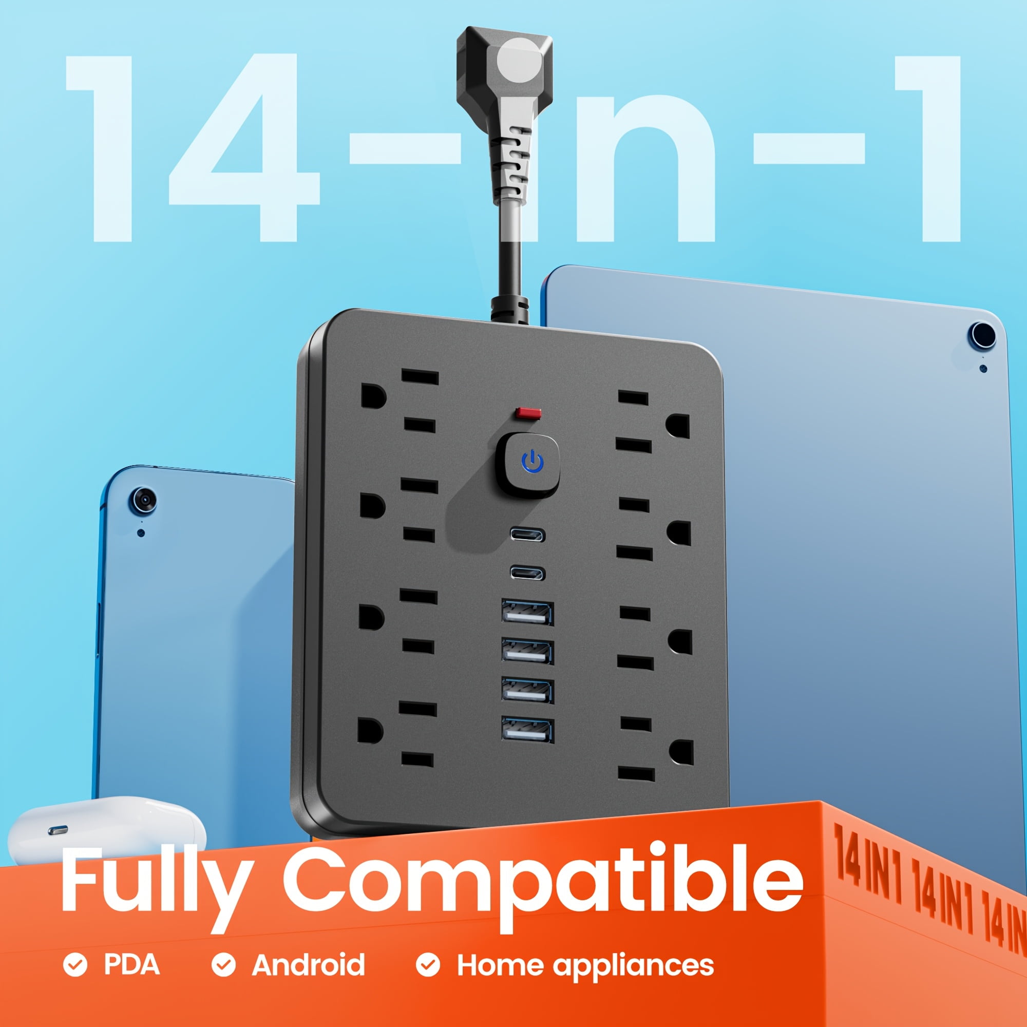 14-in-1 Power Strip with Surge Protector - 8 AC Outlets And 6 USB Ports ...