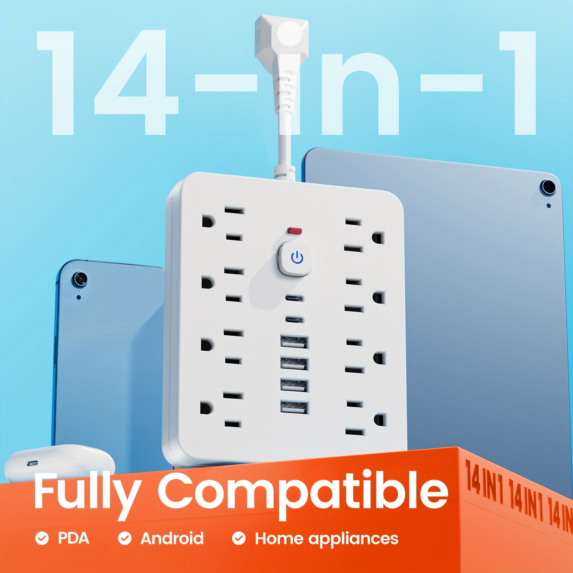14-in-1 Power Strip with Surge Protector - 8 AC Outlets And 6 USB Ports ...