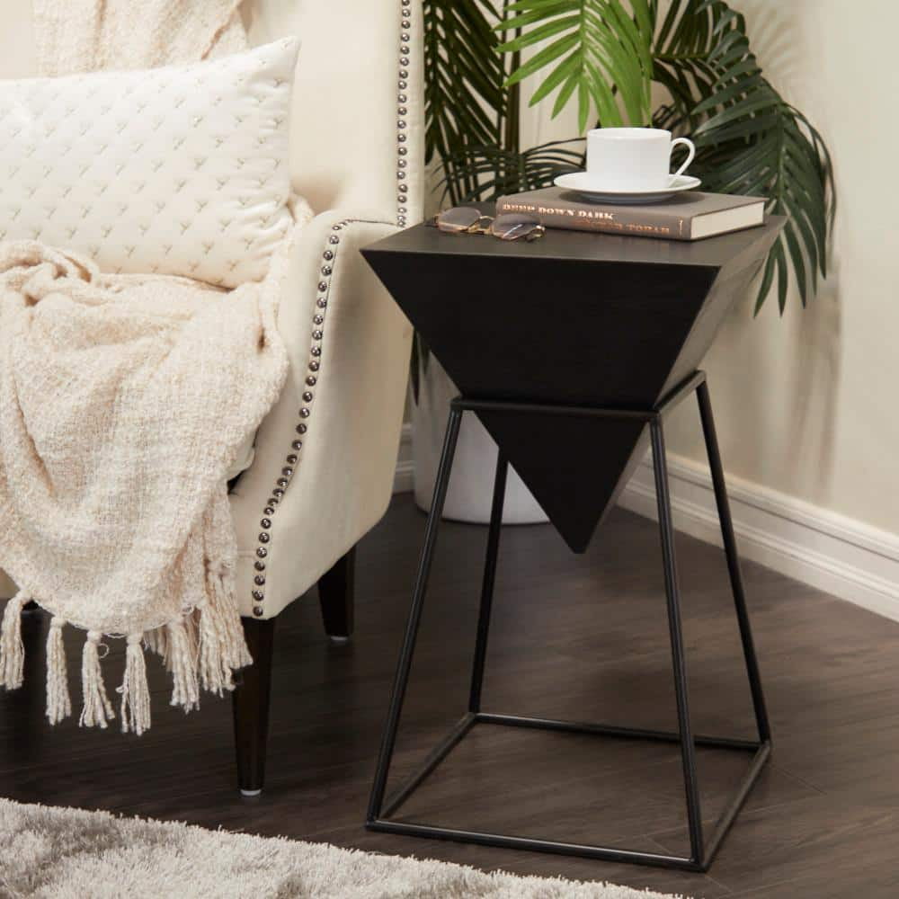 14 in. Black Inverted Pyramid Geometric Large Triangle Wood End Table ...