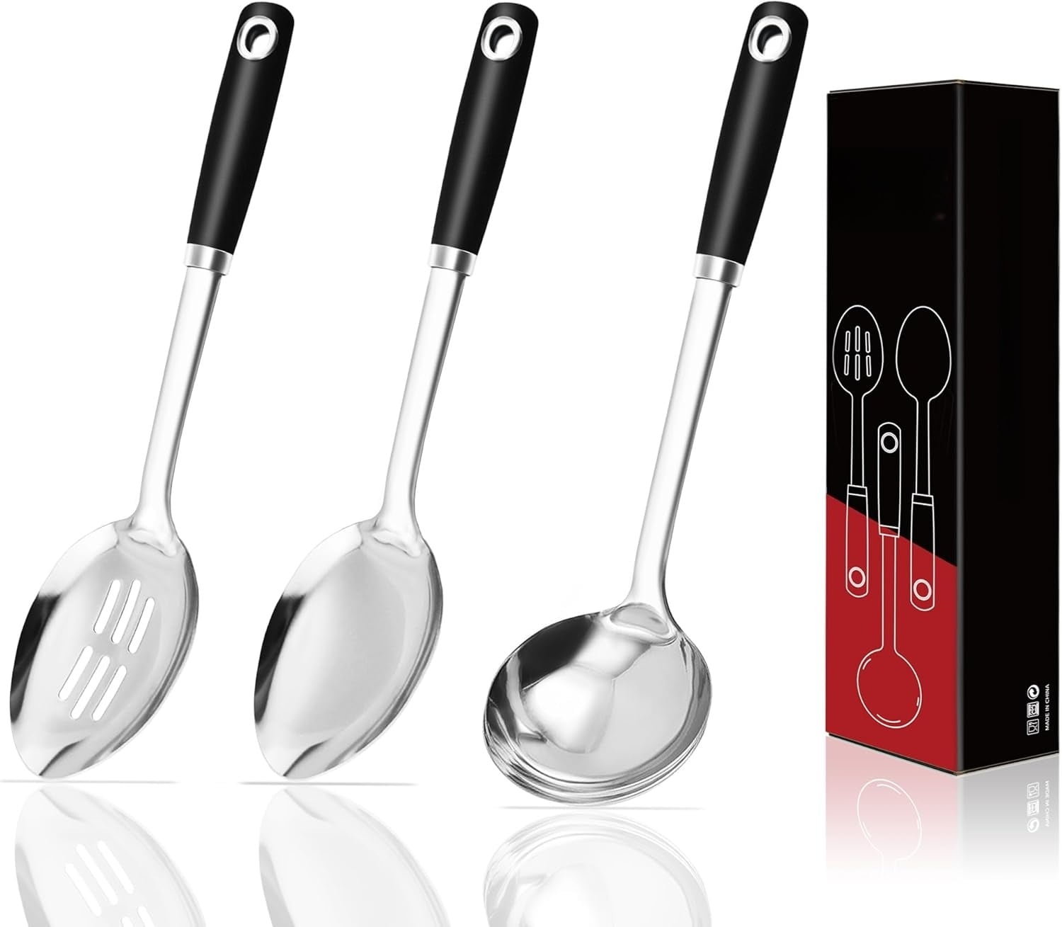 14-in Cooking Spoons Set, Heavy Duty 18/0 Stainless Steel Large Serving ...