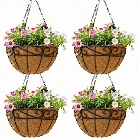 14 inch Metal Hanging Baskets For Plants Outdoor 4 Pack Round Metal ...