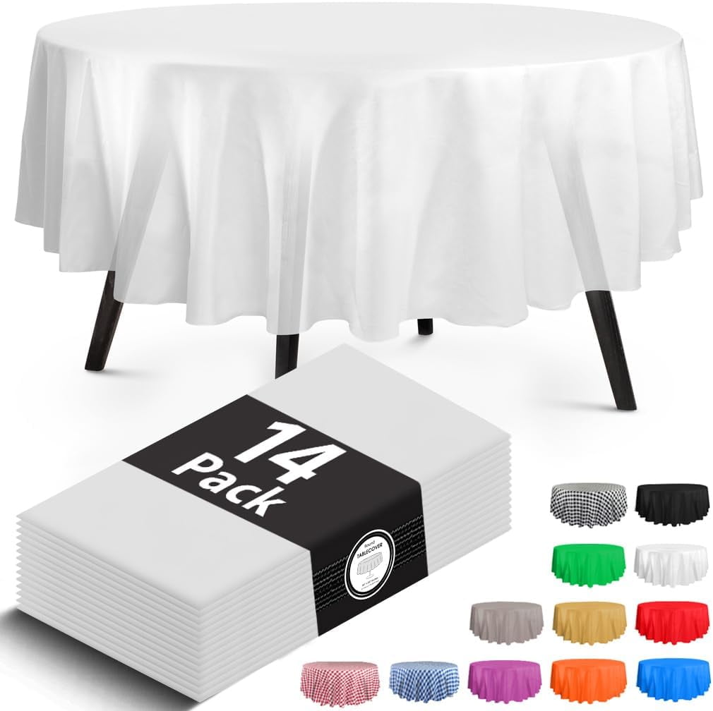 14 pack premium white plastic round tablecloth - 84 x 84 in. disposable ...
