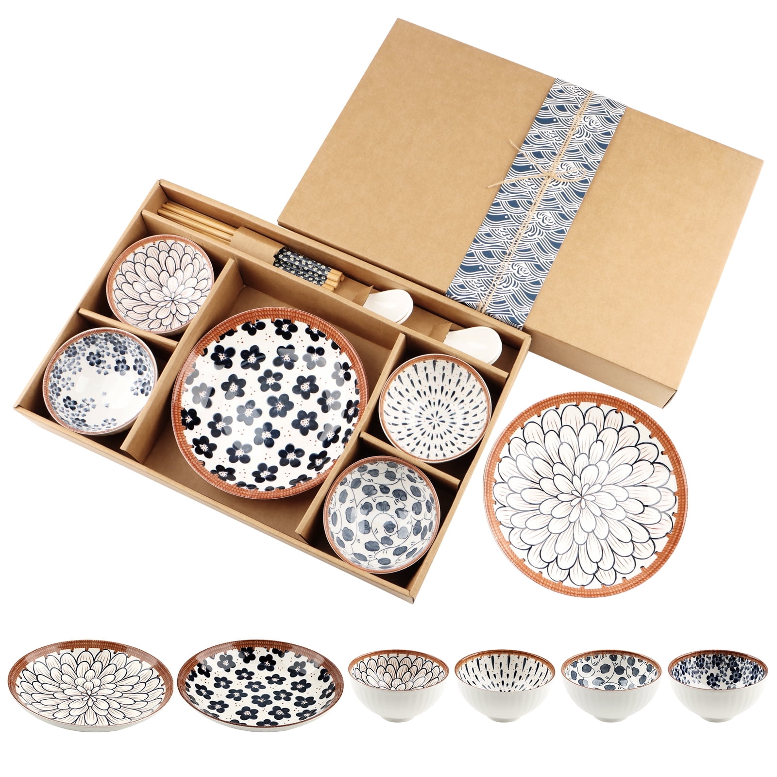 14-piece Ceramic Bowl Sets, Japanese Style Bowl Gift Set, Assorted ...