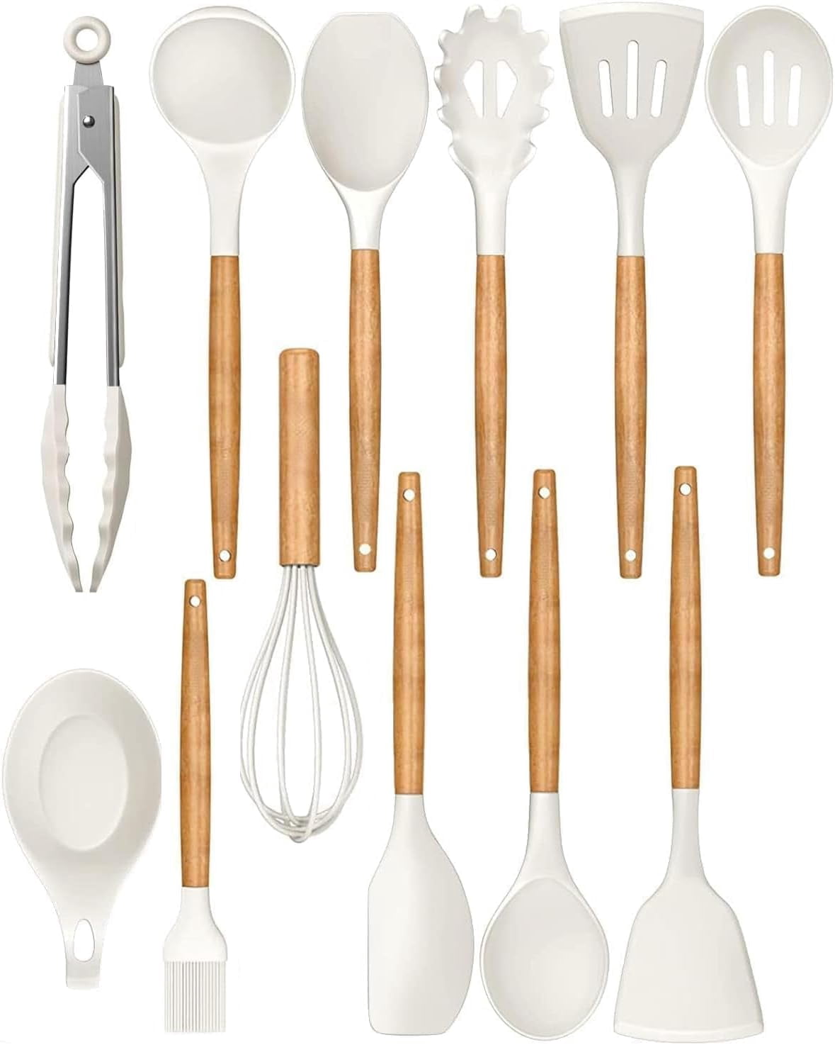 14 piece silicone cooking utensil set, with wooden handle and storage ...
