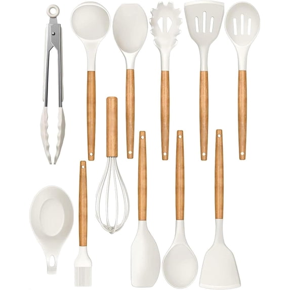 14 piece silicone cooking utensil set, with wooden handle and storage ...