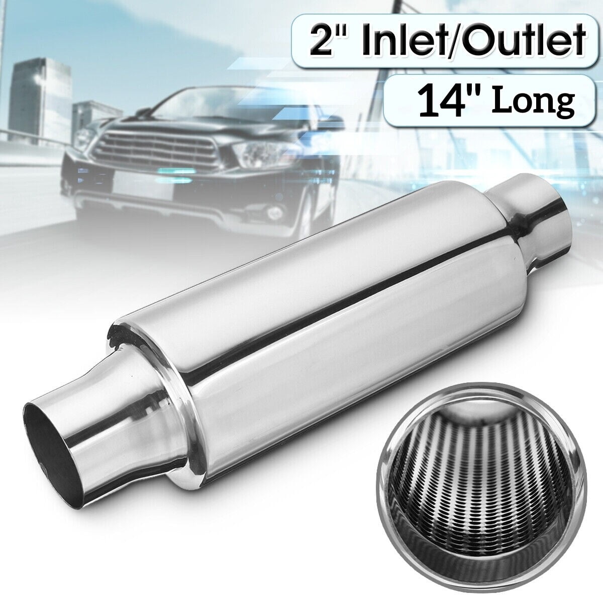 14" x 2" Inlet / Outlet Exhaust Muffler Resonator Glass Pack Silencer ...