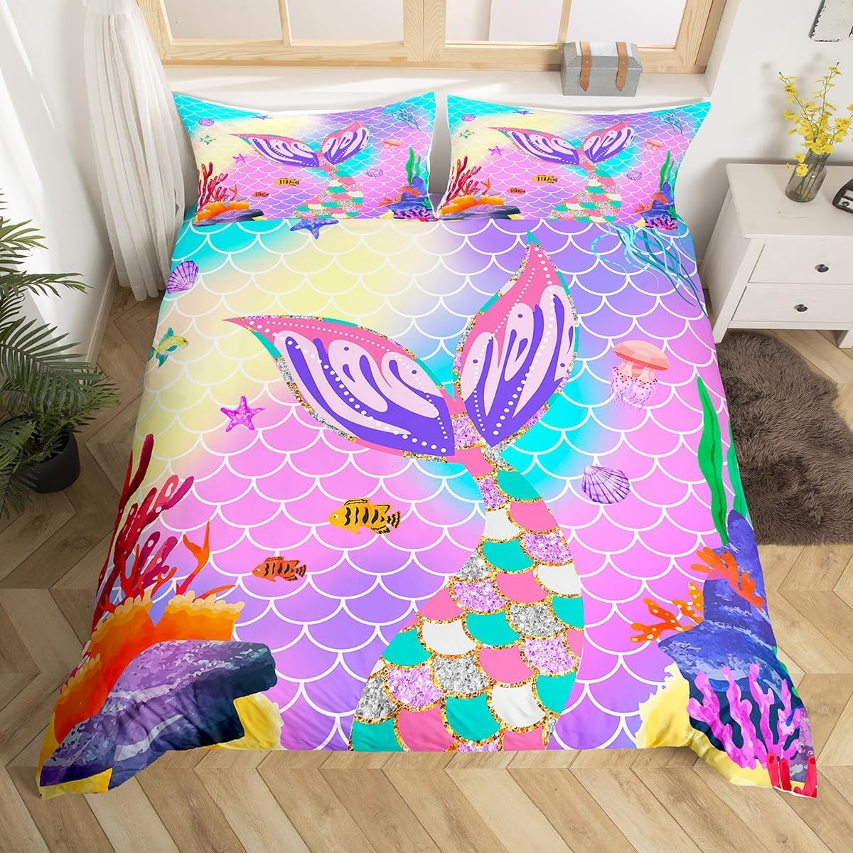 140*200cm-Mermaid Decor Girls Bedding Full Mermaid Quilt Set Nautical ...