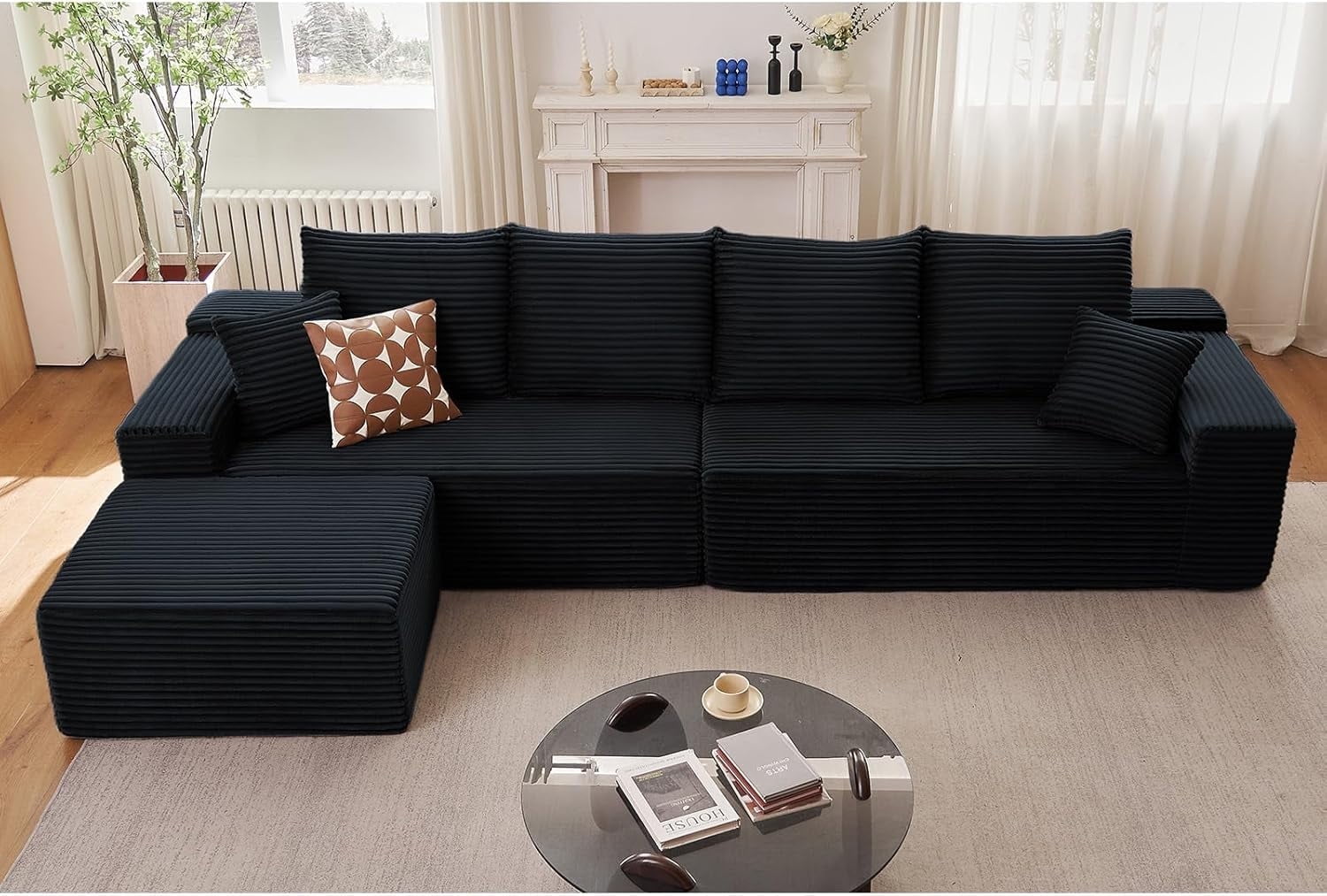 140" Modular Cloud Sofa with Ottoman, L-Shaped Sectional with 6 Pillows ...
