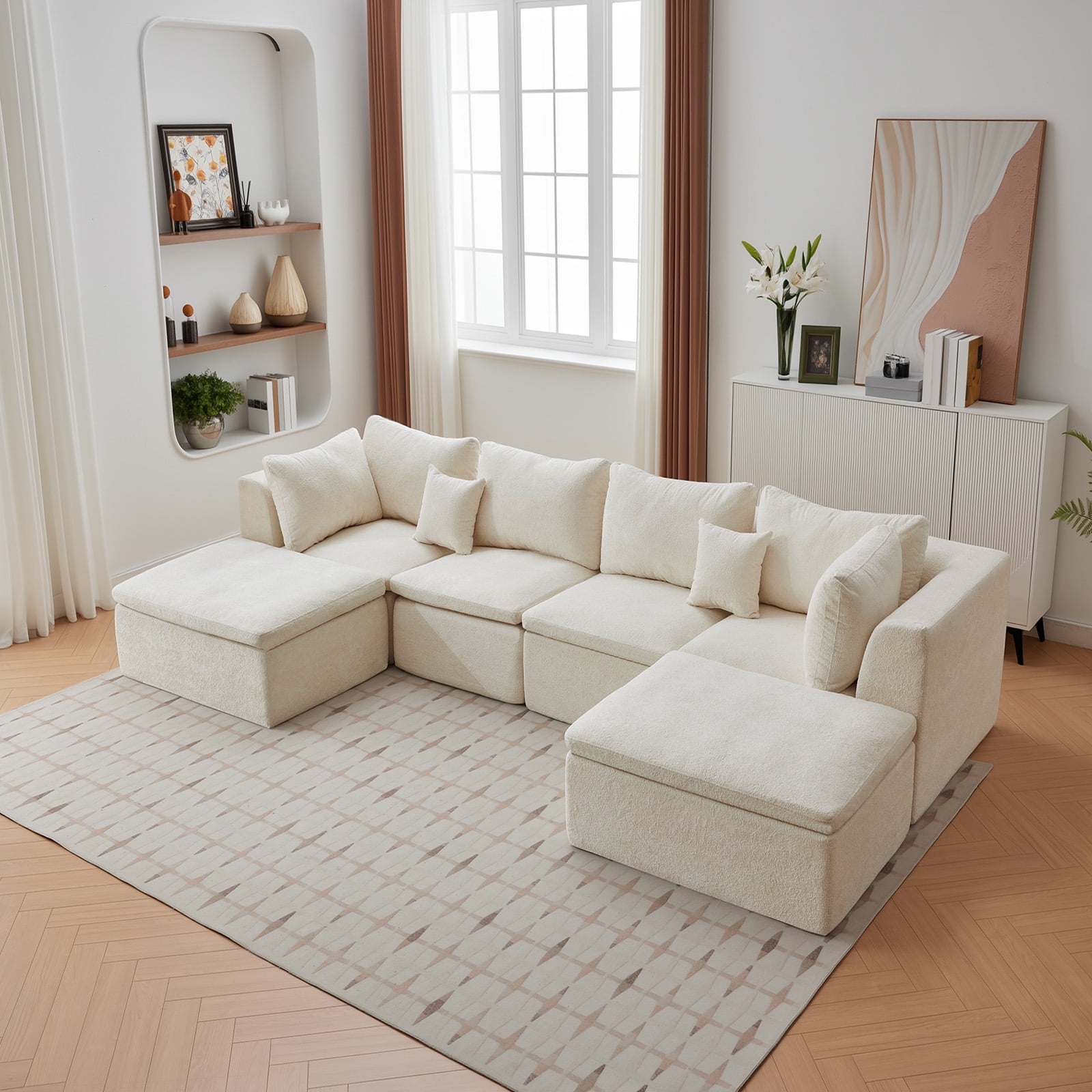 140 Inch U Shape Sectional Modular Sofa Bed Convertible Sleeper Deep ...