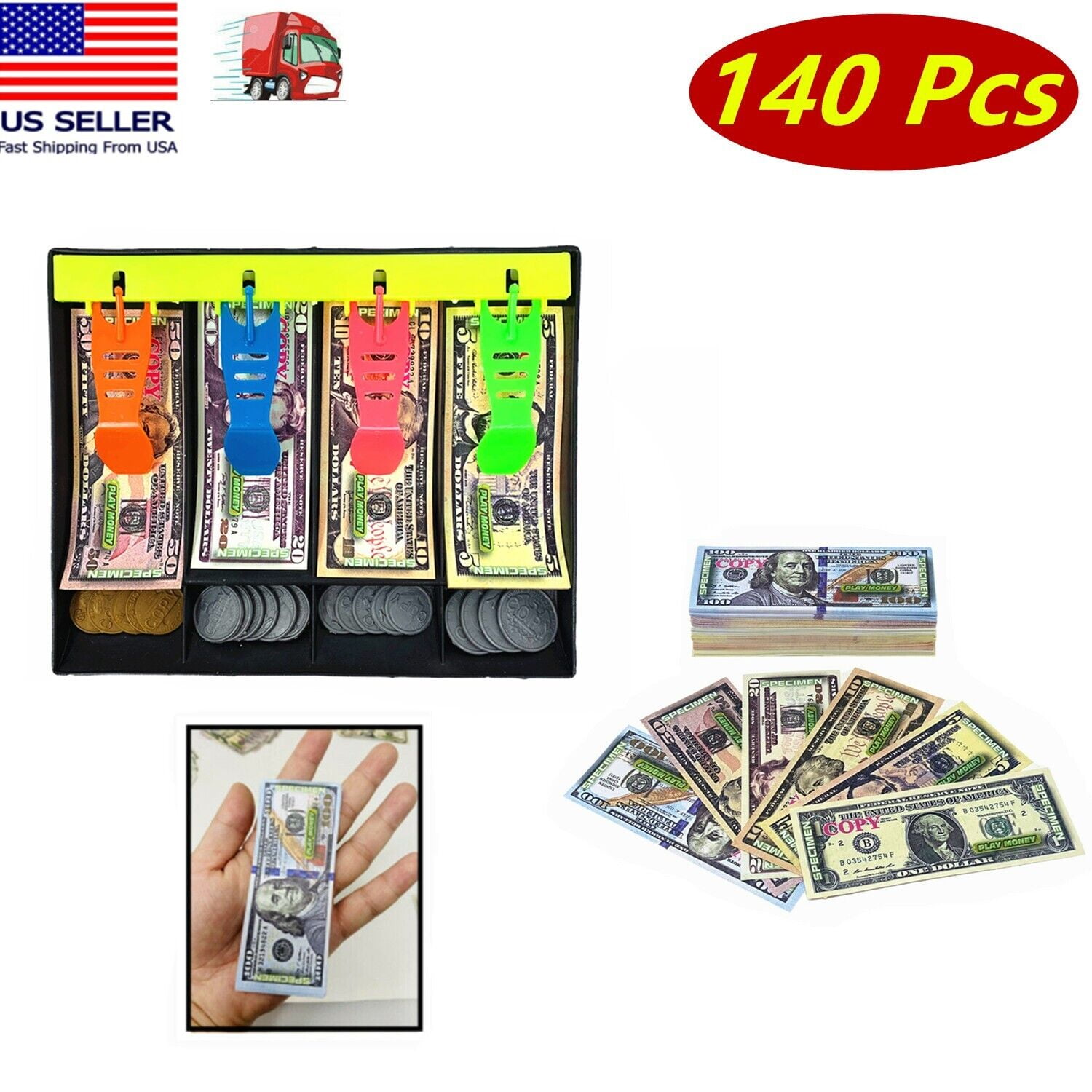 140 PC Educational Play Money Set, Coins, Print 1 Side, Cashier Pretend ...