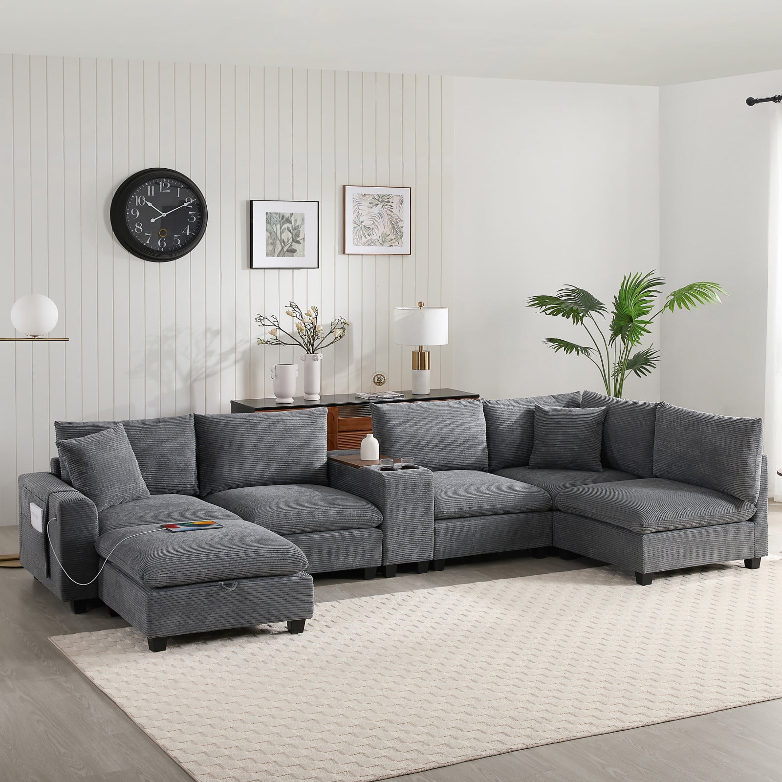 140" U-Shaped Modular Sectional Sofa with Charging Console, 6-Seater ...