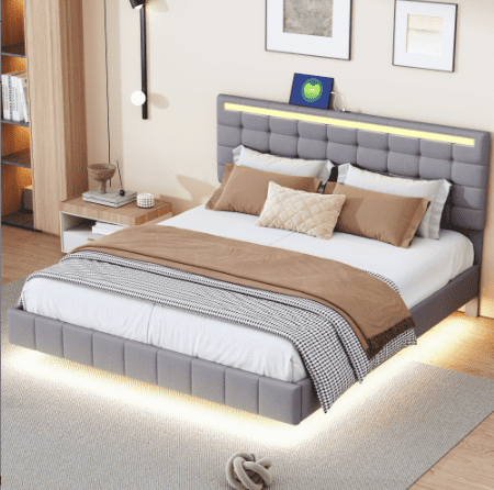 140 x 200 cm Upholstered Bed, Padded Floating Bed Frame with LED Lights ...