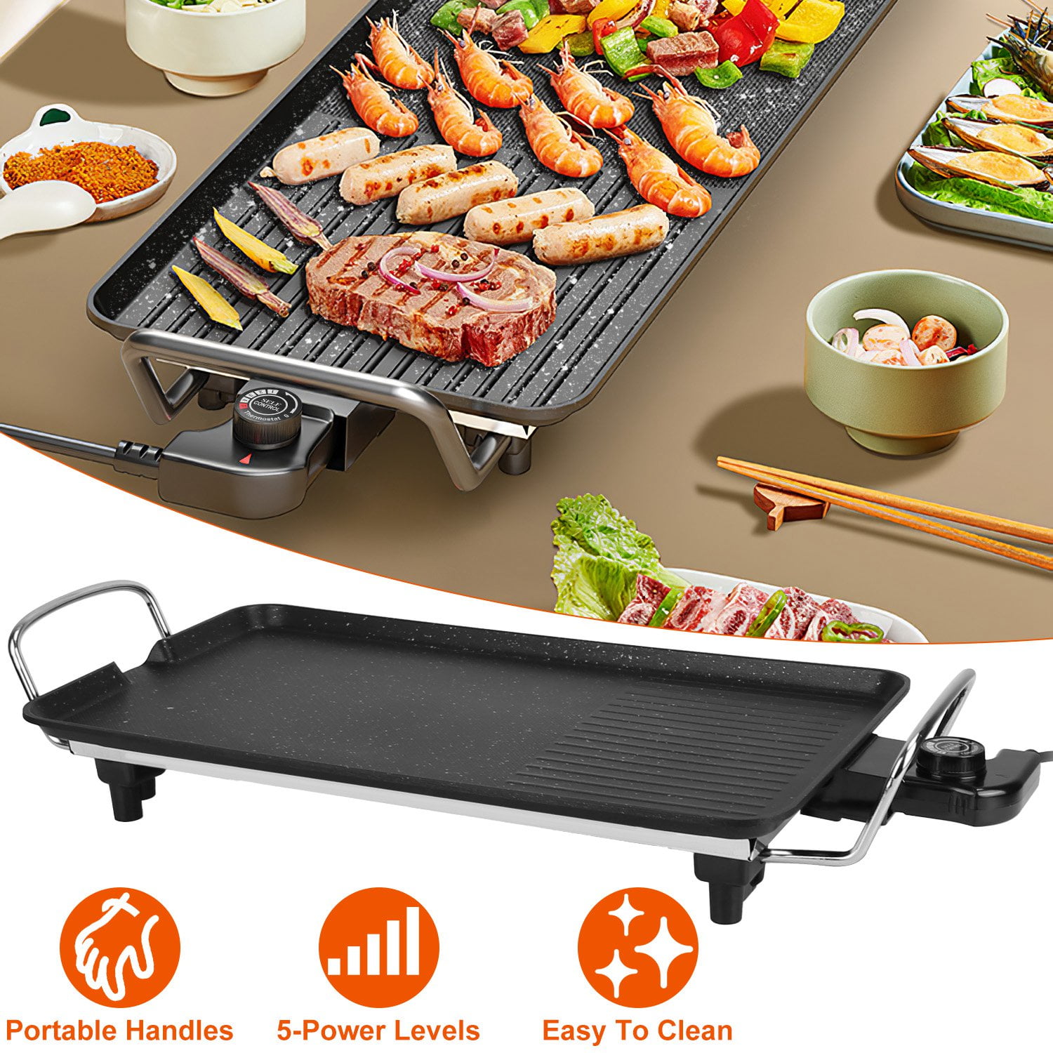 1400W Electric Grill Griddle Non-Stick BBQ Griddle with 5 Levels Adjustable Temperature up to ...