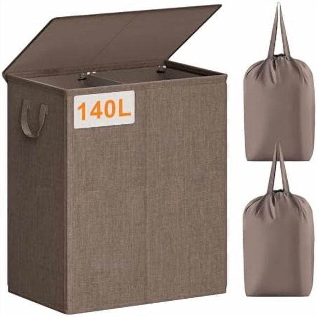 140L Laundry Hamper 2 Section, Double Laundry Basket with Lid, Large ...