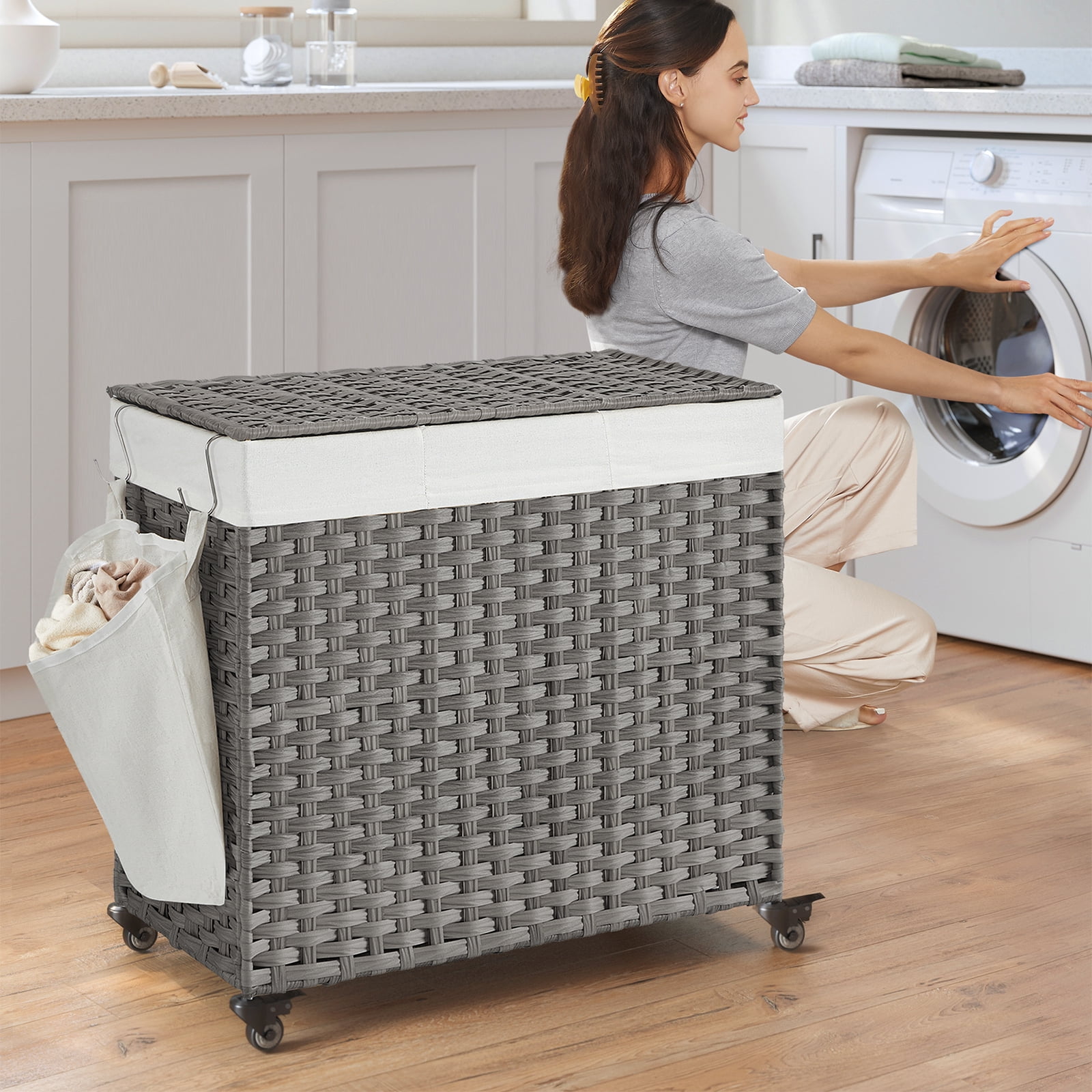 140L Laundry Hamper with Lid Rolling Laundry Basket with Wheels 3 ...