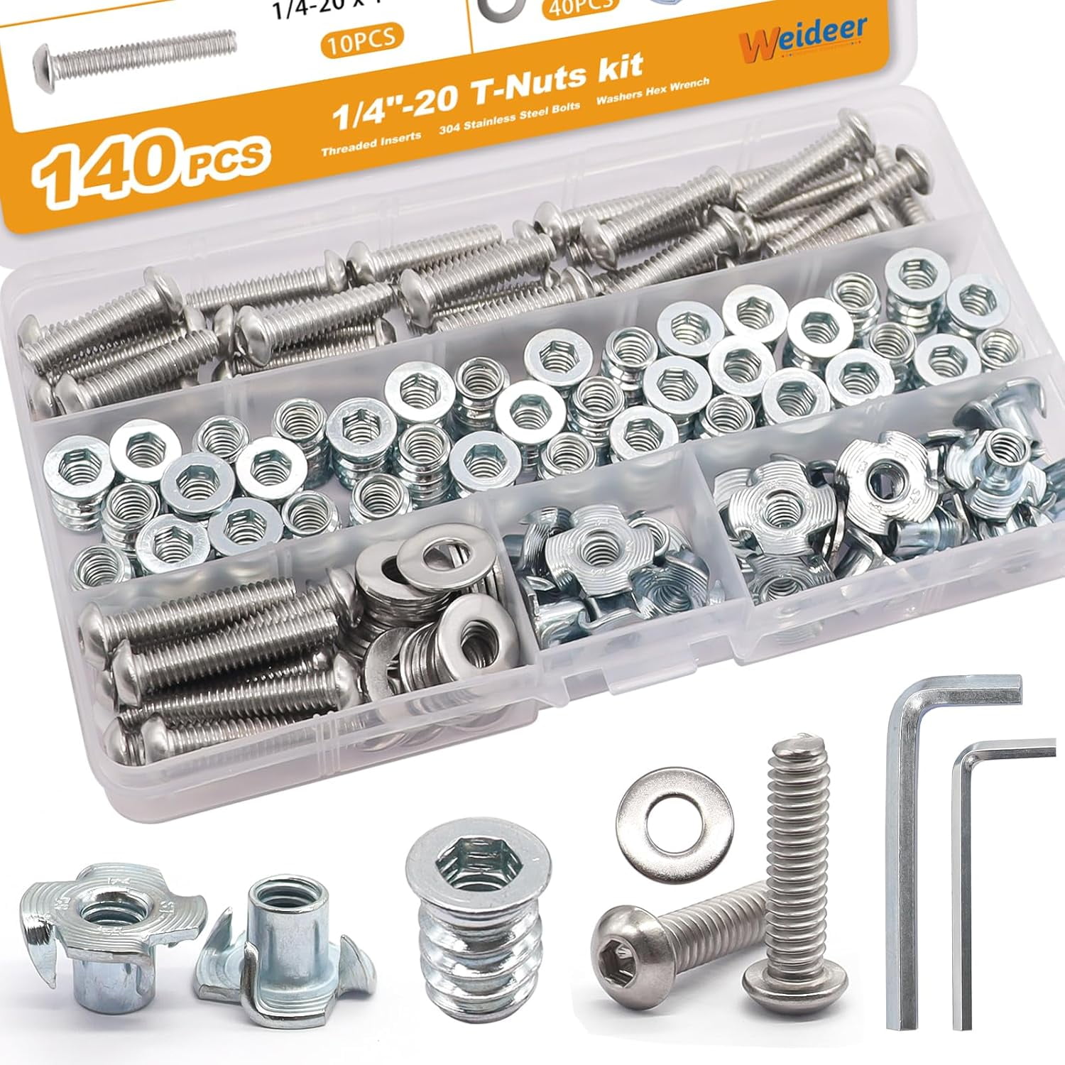 140PCS 1/4"-20 T-Nuts,1/4"-20 Threaded Inserts for Wood,304 Stainless ...