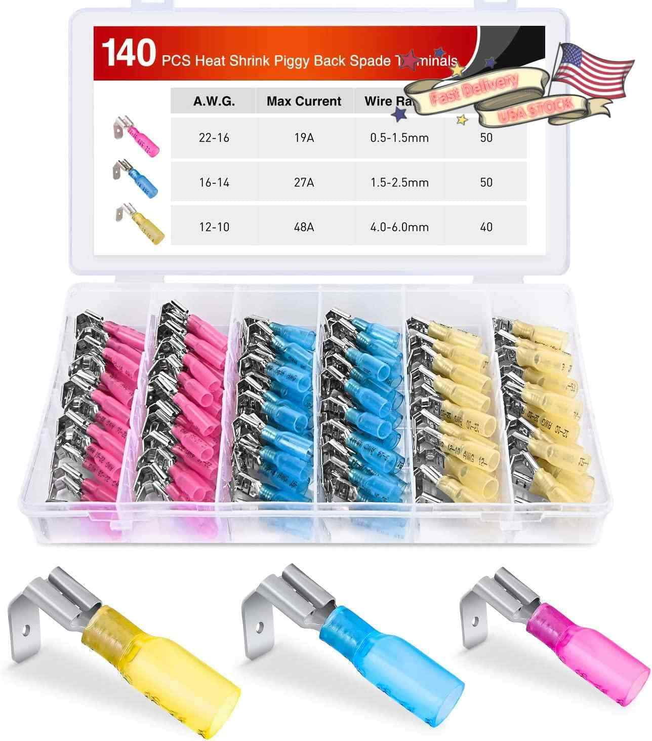 140PCS 3 Way 22-10AWG Wire Connectors Heat Shrink Piggyback Spade ...