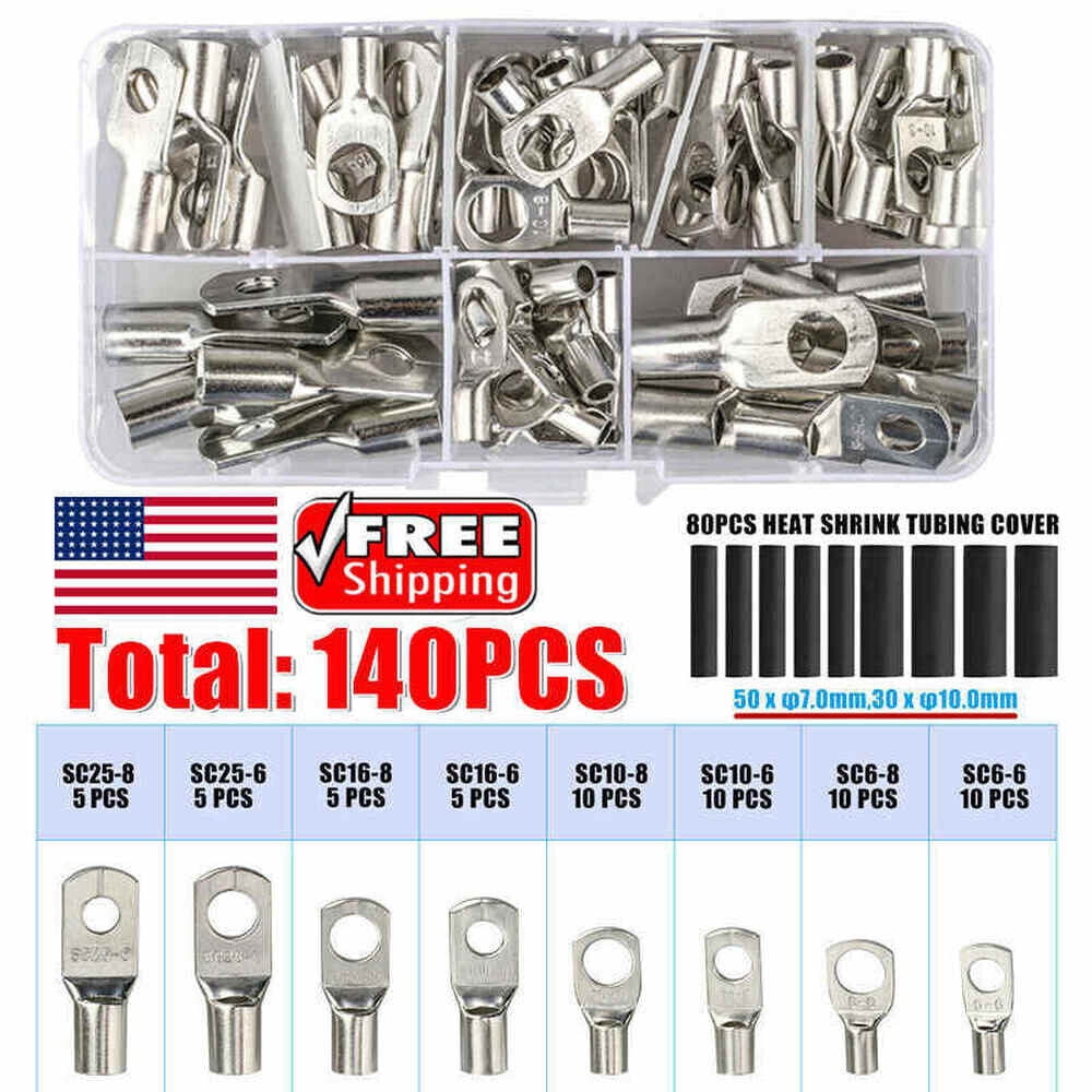 140PCS Bare Copper Lugs Ring Terminals SC Electrical Wire Crimp ...