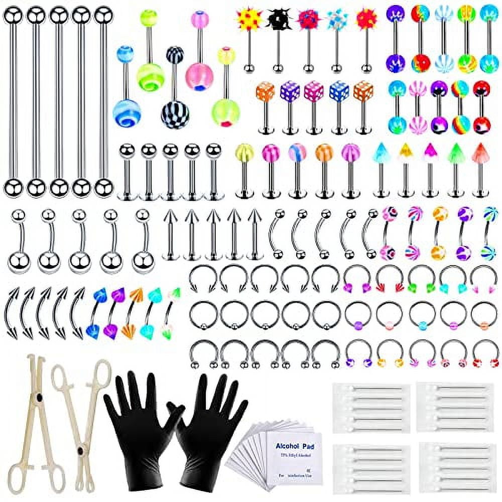 140PCS Colorful Piercing Kit with 14G 16G Stainless Steel Acrylic Nose ...