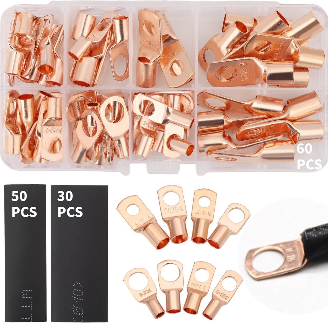 140PCS Copper Wire Lug Kit, 60 Copper Wire Lugs and 80 Heat Shrink ...