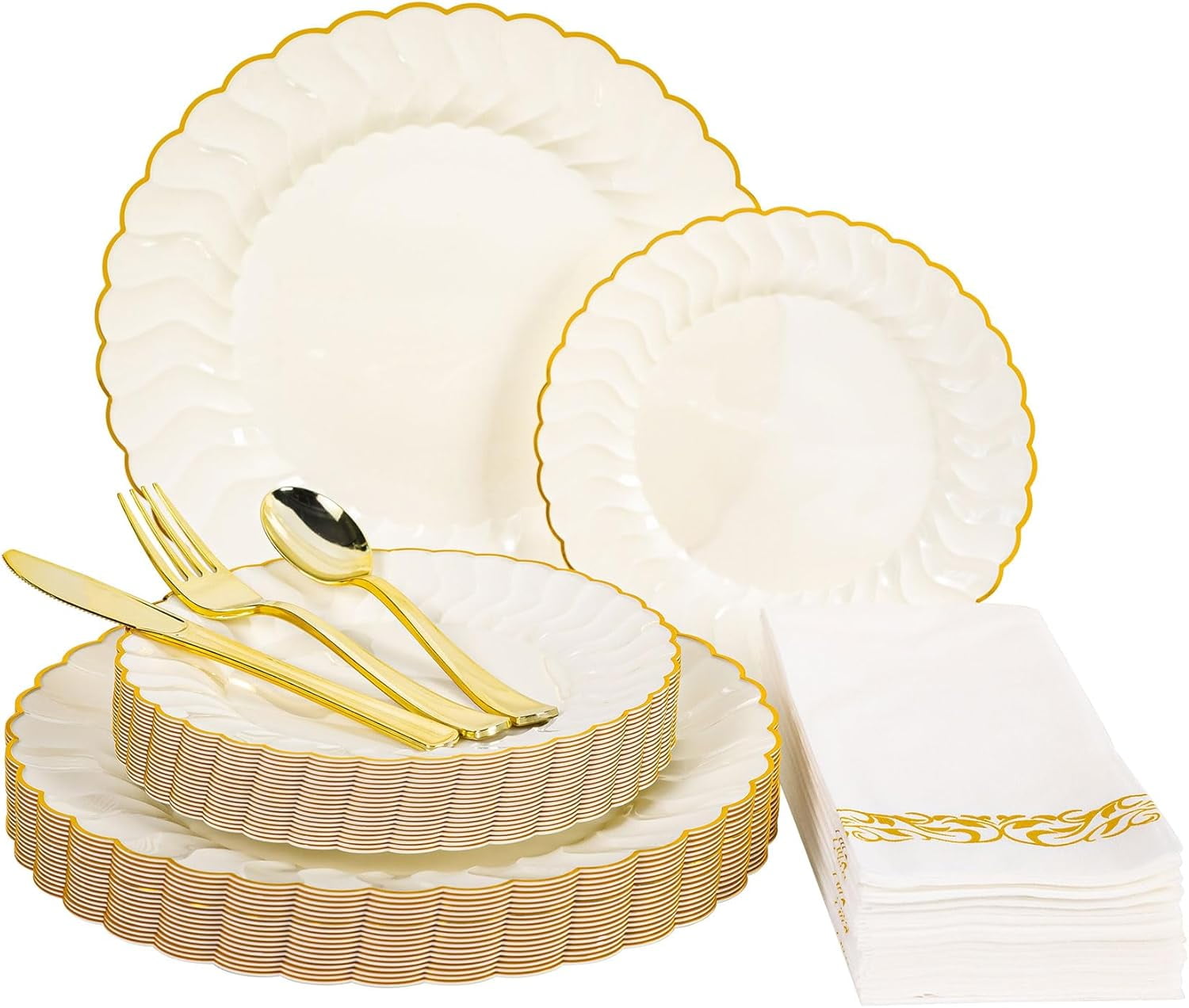 140PCS Elegant Disposable Dinnerware Set – 40 Ivory Scalloped Gold-Trim ...