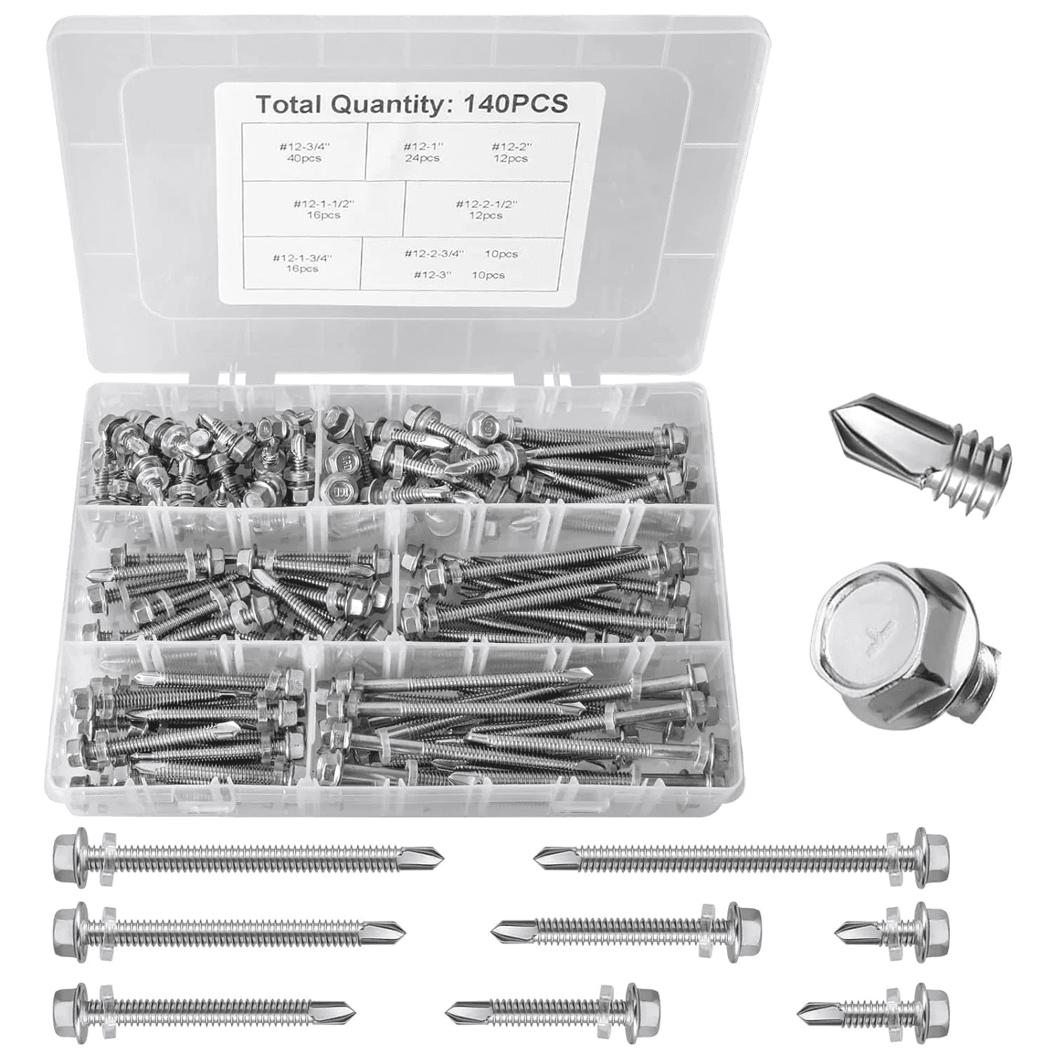 140pcs Hex Washer Head Self Drilling Tek Screw Assortment Kit, #12 Self ...