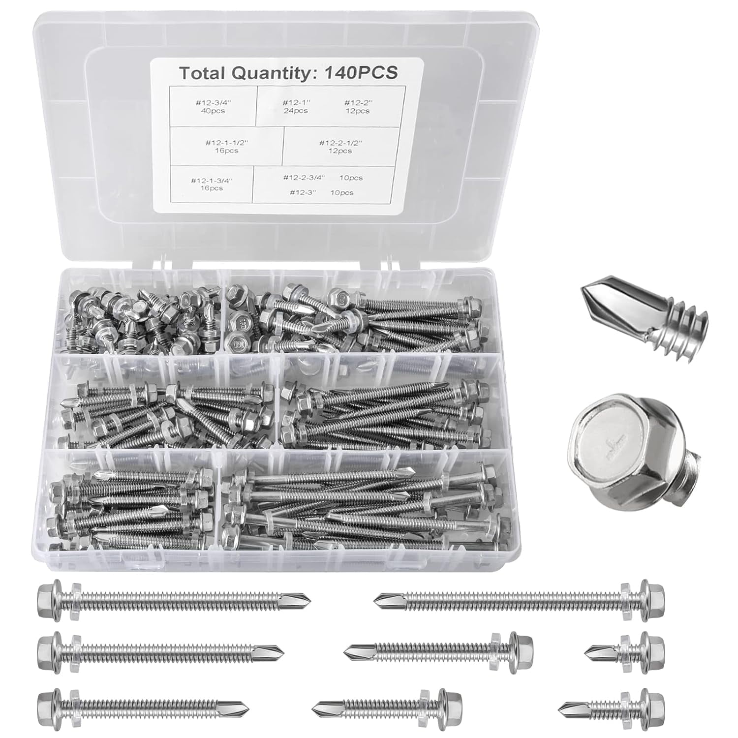 140PCS Hex Washer Head Self-Drilling Tek Screw Assortment Kit,#12 Rust ...