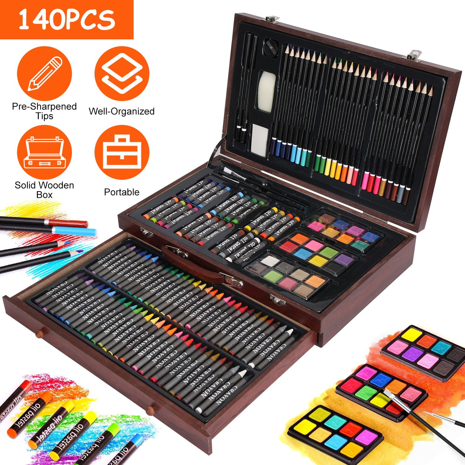 140Pcs Art Drawing Supplies Kit w/ Colored Pencils Oil Pastels Crayons ...