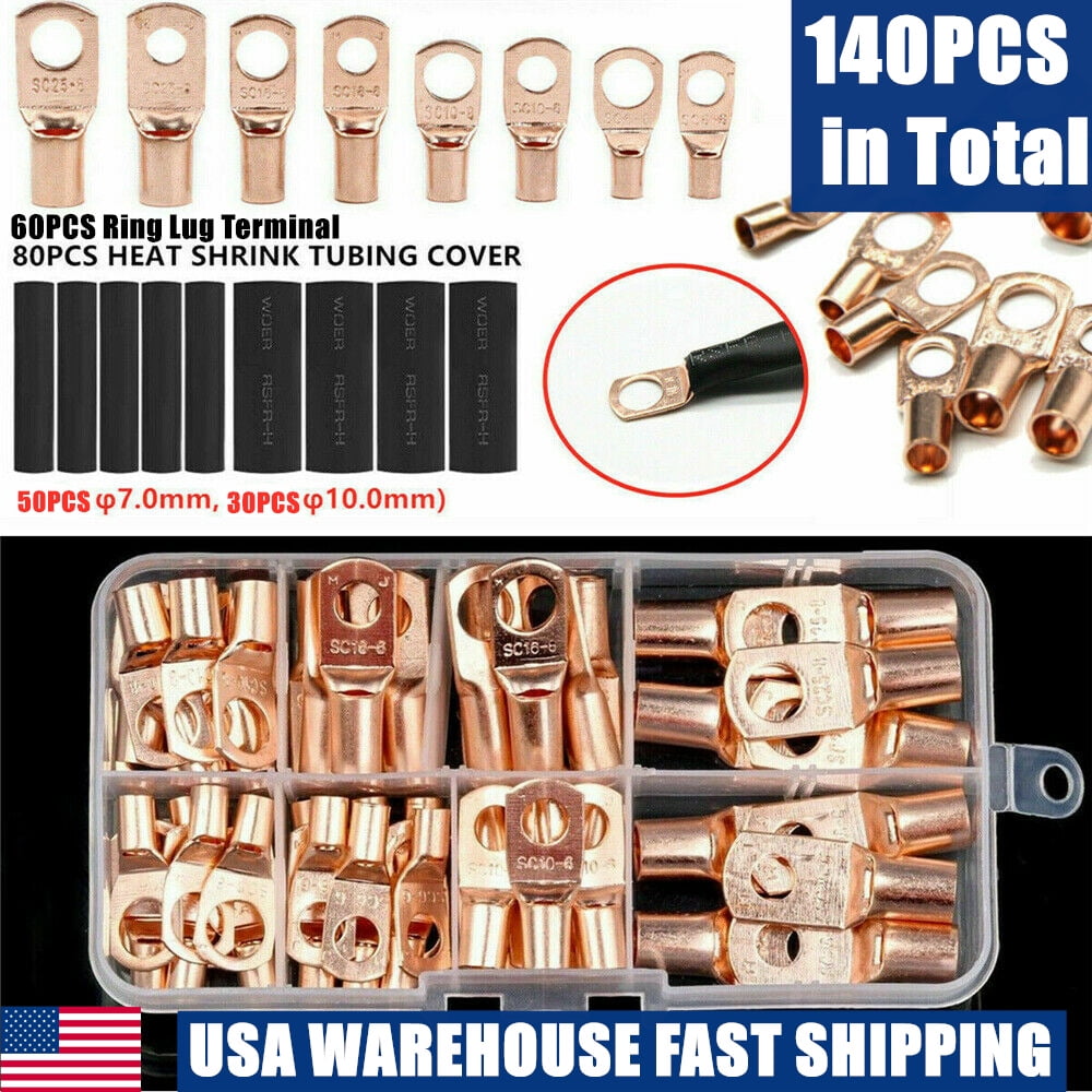 140Pcs Copper Battery Cable Lug Ring Terminals Heat Shrink Tubing ...