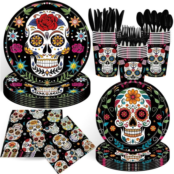 140Pcs Day of the Dead Party Supplies Sugar Skull Tableware Set Día de ...