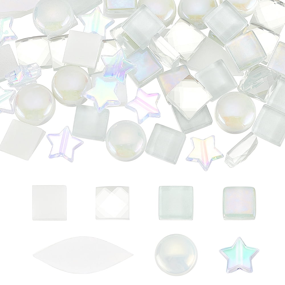 140Pcs Glass Cabochons Plastic Beads Mosaic Tiles Rainbow Iridescent ...