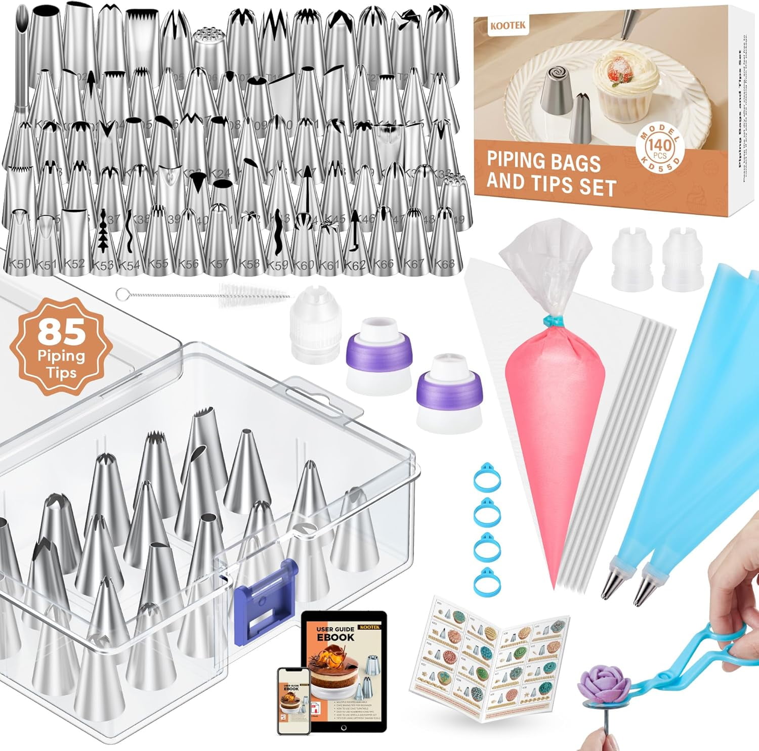 140Pcs Icing Piping Bags and Tips Set, Frosting Piping Kit with 78 ...