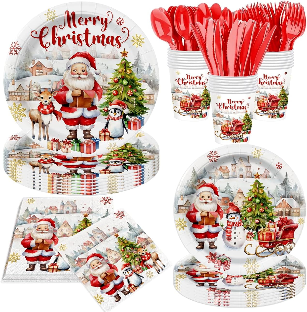 140Pcs Merry Christmas Party Supplies Santa Claus Christmas Tree Plates ...