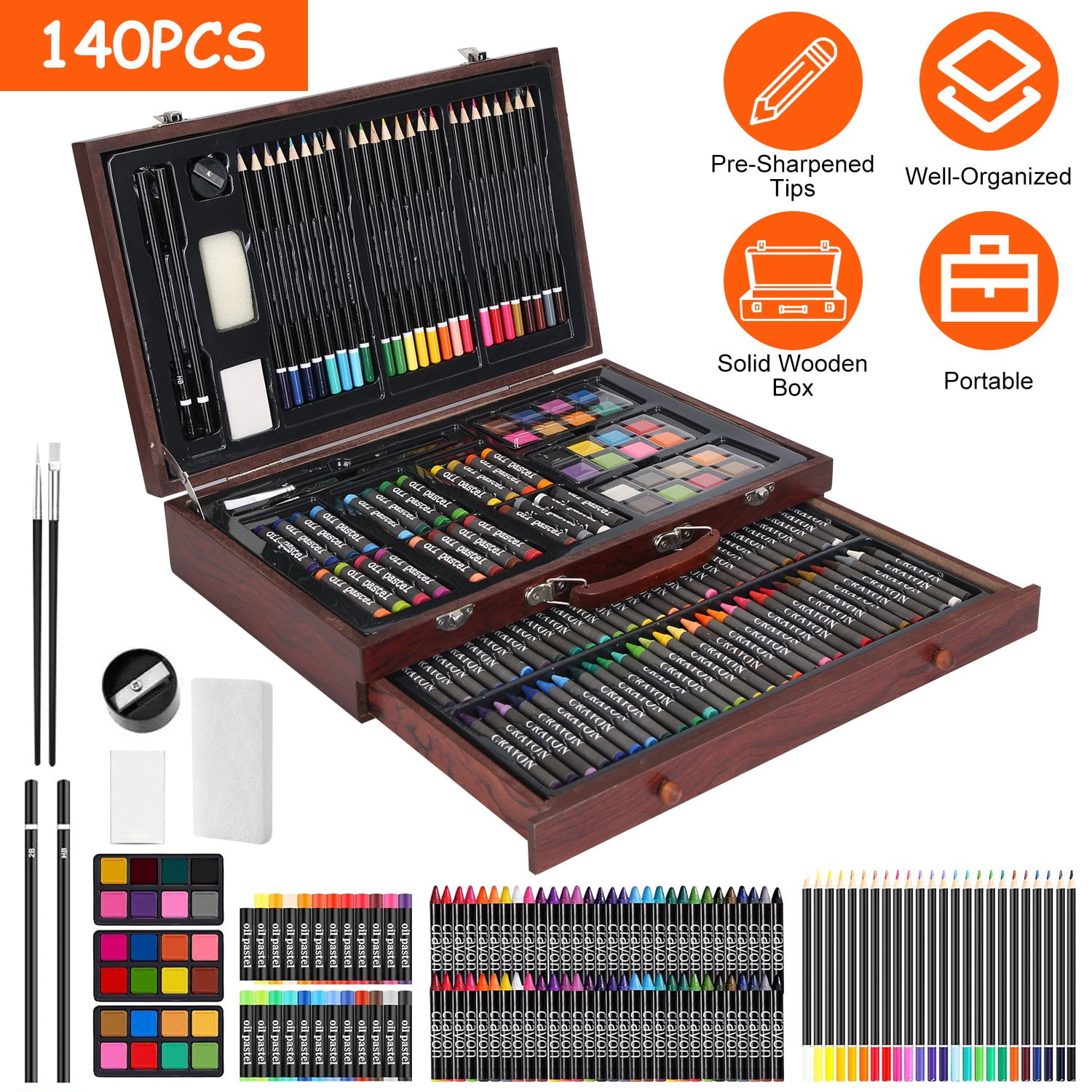 140Pcs Painting Drawing Art Kit in Wooden Box with Drawer Art Set for ...