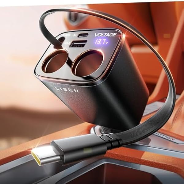 140W Retractable Car Charger with Dual Cigarette Lighter Splitter Adapter, Cigarette Lighter ...