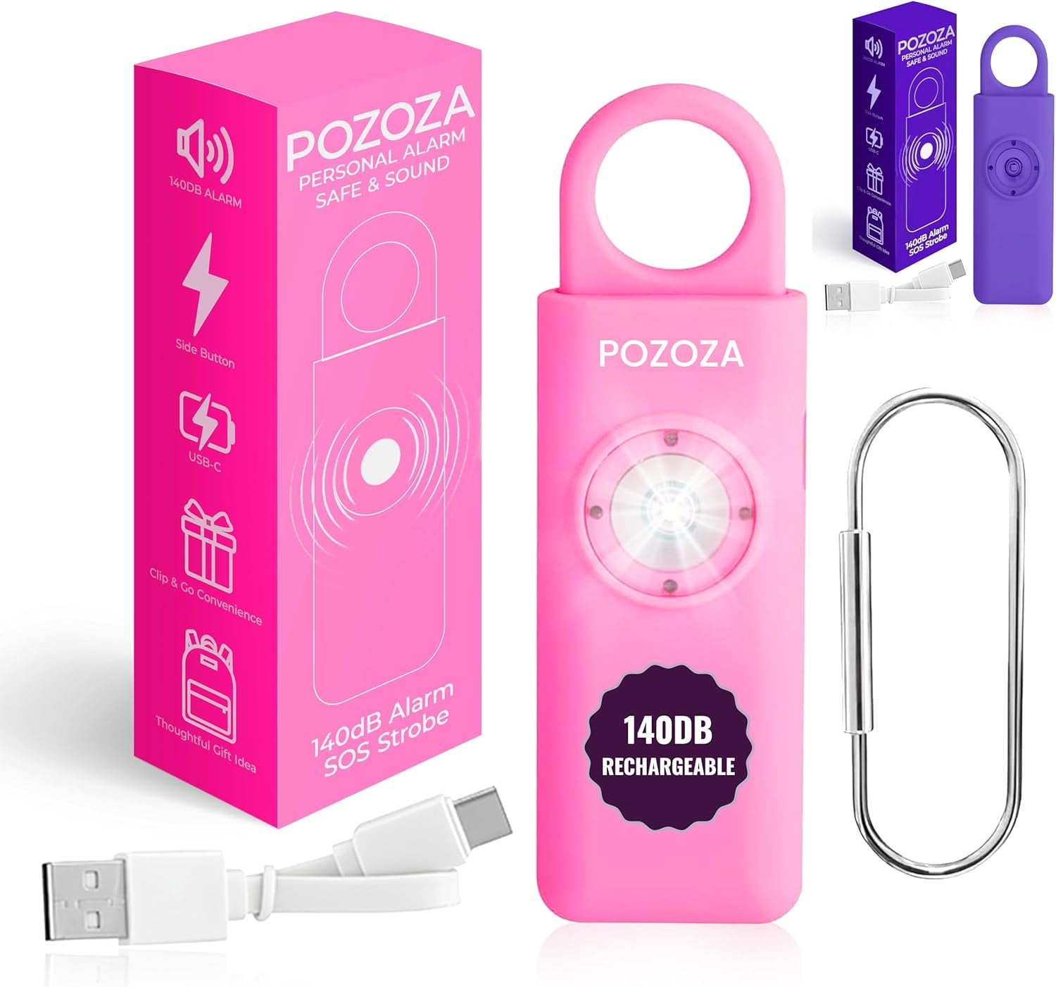 140dB Loudest USB-C Rechargeable Personal Alarm Keychain for Women ...