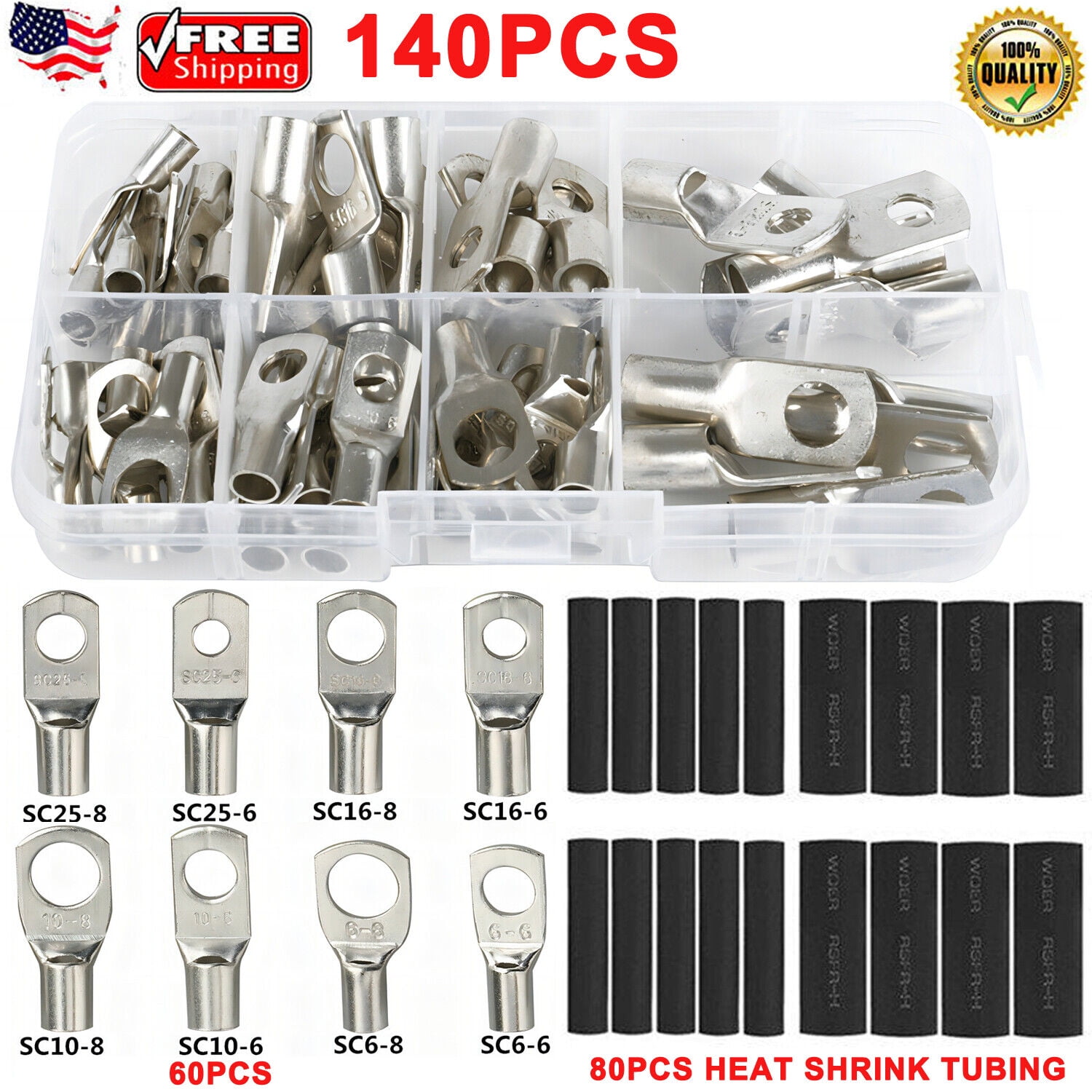 140pcs Battery Copper Cable Lug Crimp Ring Terminal Electrical Wire ...