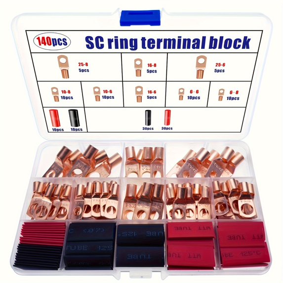 140pcs Copper Wire Lugs Kit with Thermal Shrinkage Tubes, AWG 4 6 8 10 ...