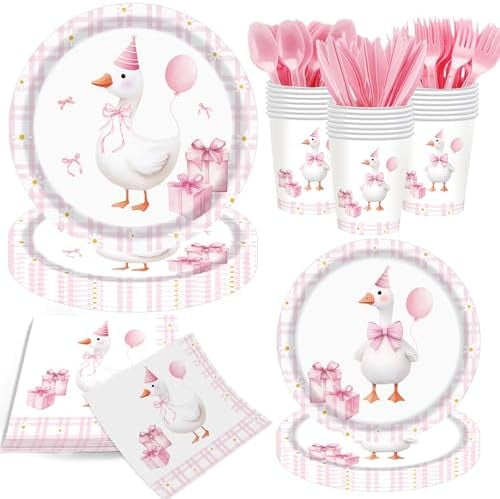 140pcs Pink Pet Duck Birthday Decorations Supplies, Disposable Paper ...