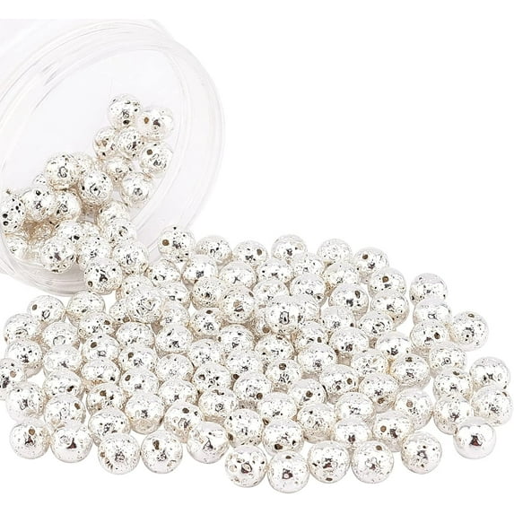 141 Pcs Electroplated Silver Natural Lava Bead Strand Bumpy Rock Round ...