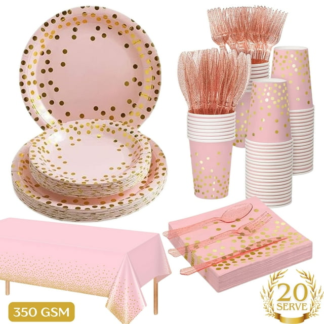 141 Piece Pink Gold Party Supplies Set Serves 20 - Plate Tablecloth Cup ...