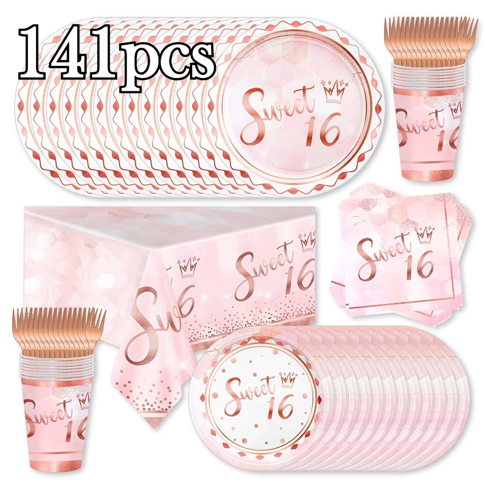 141Pcs/20Sets Rose Gold Sweet 16 Party Set-Party Tableware Set ...