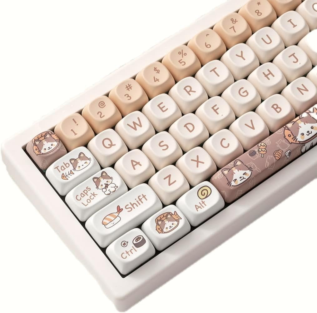 142 Key Round Cute MOA Profile Cherry Mx PBT Custom Cat Coffee White 60 ...