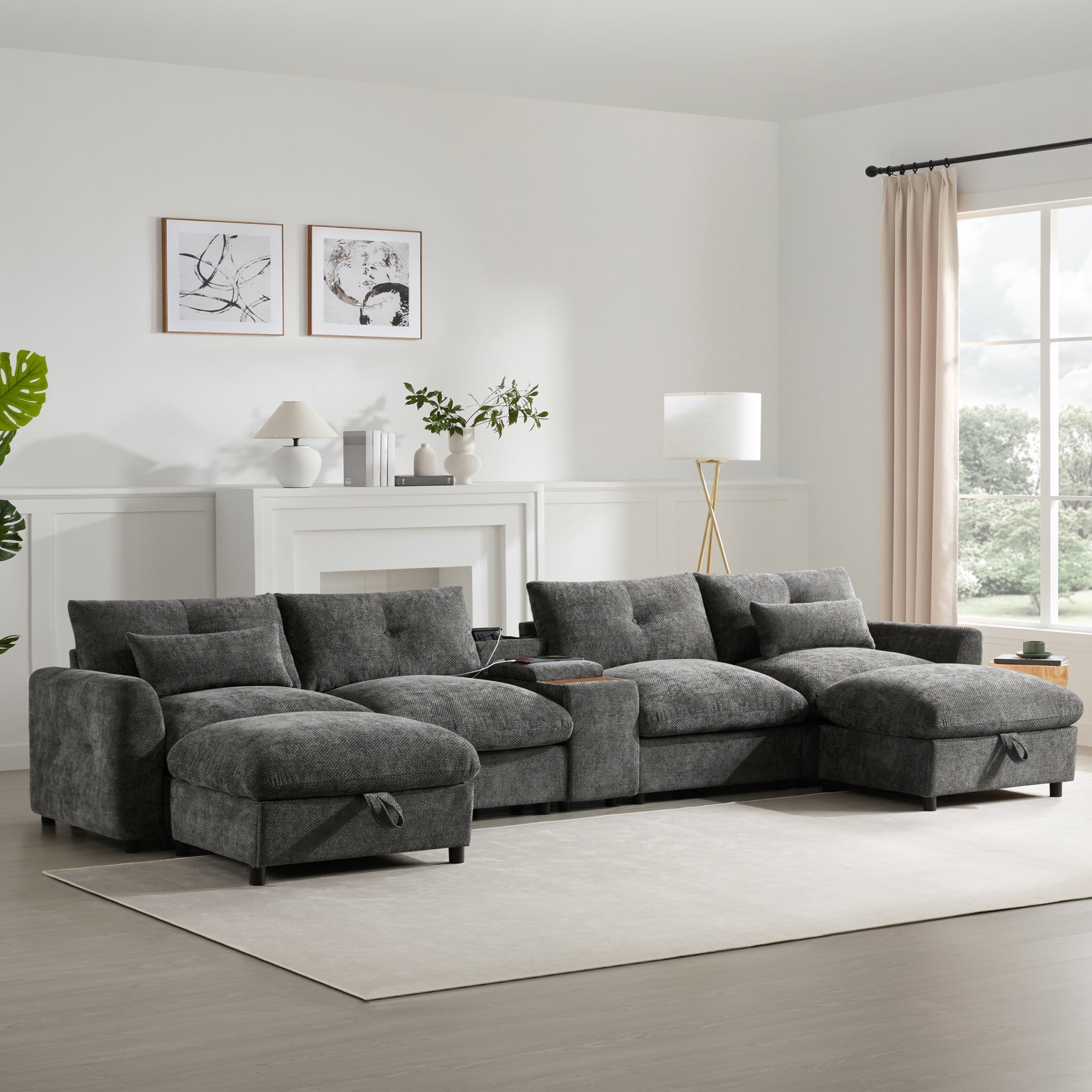 142" Modular Sectional Sofa with Charging and Console, U-Shaped Cloud Couch with Cup Holders and ...